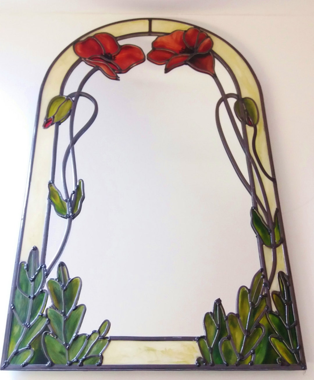 An Art Nouveau ~ Tiffany Style Inspired Poppy, Arched Mirror. Leaded ...