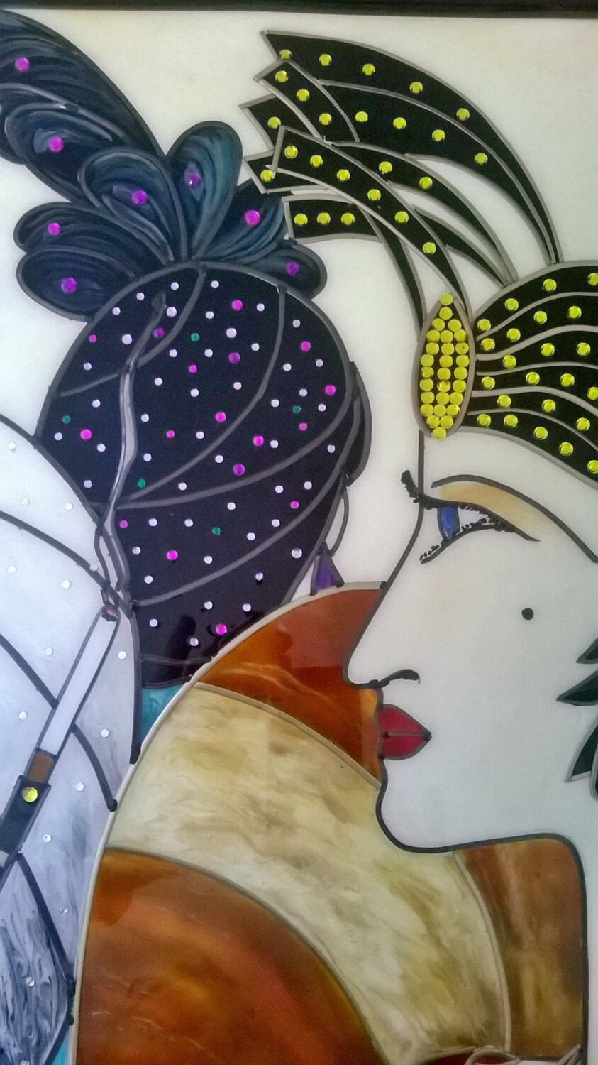 Three's a Crowd! 1920s ~ Flapper Painting With Embellishments. 33x63 Cm ...