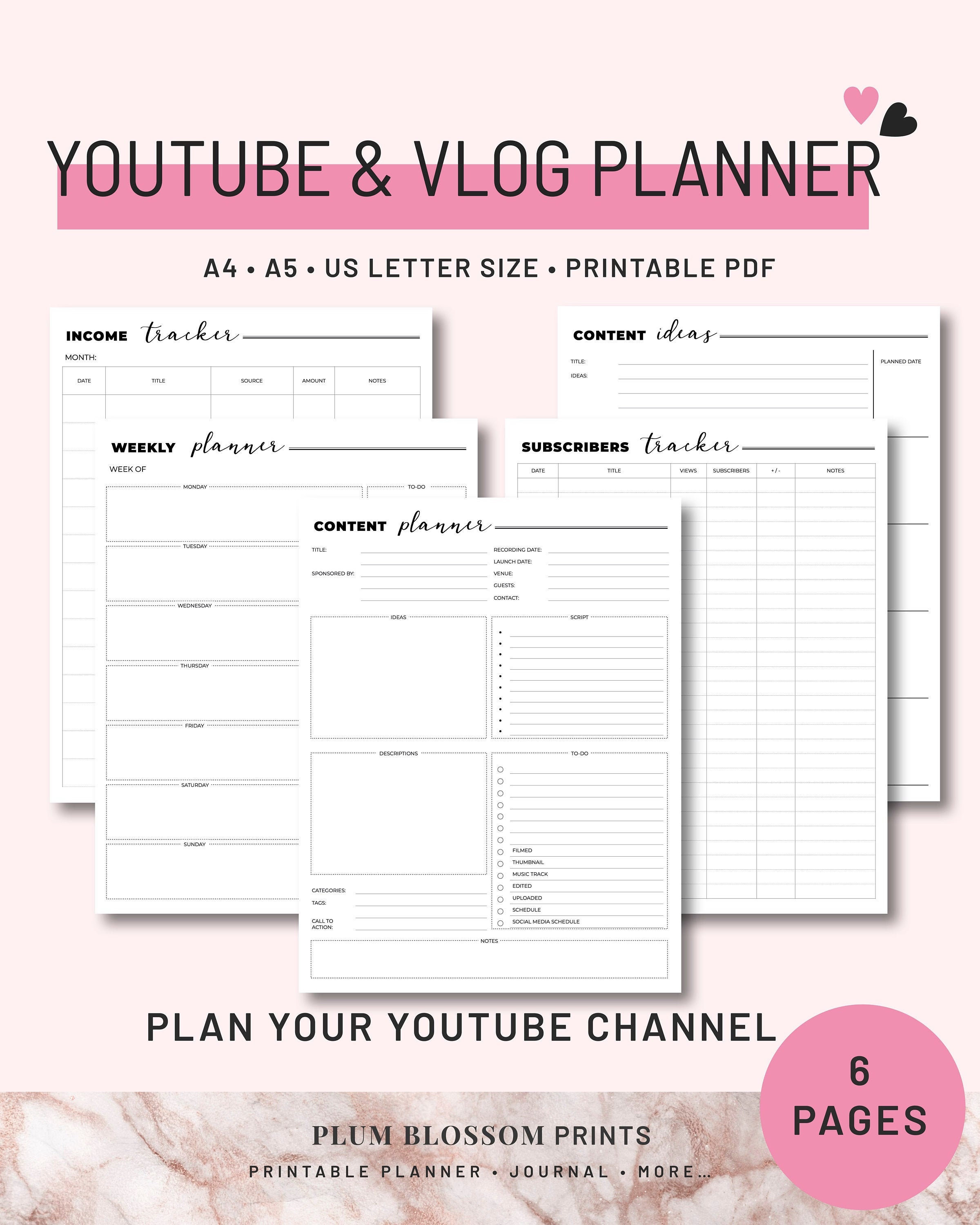 Youtube Planner Printable, Vlog and Video Organizer, Weekly Youtube ...