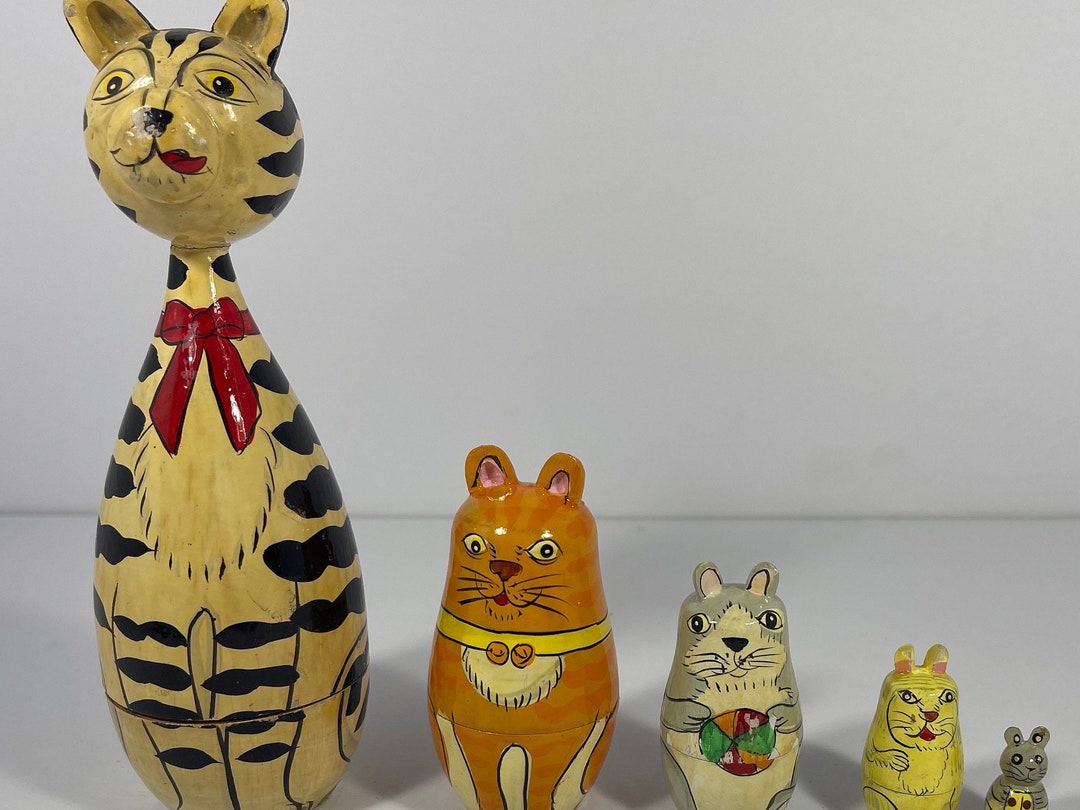 Vintage Wooden Cat and Mouse Nesting Doll Set - Etsy