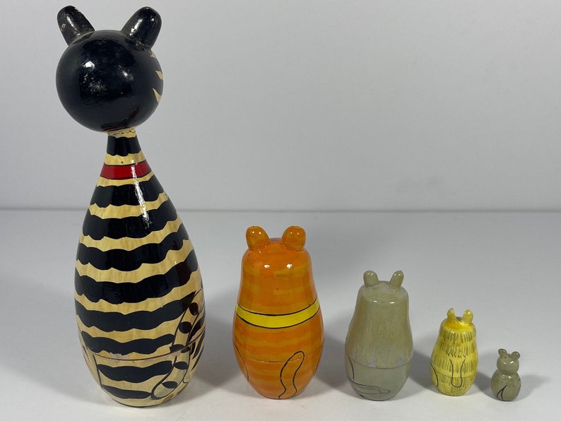 Vintage Wooden Cat and Mouse Nesting Doll Set - Etsy