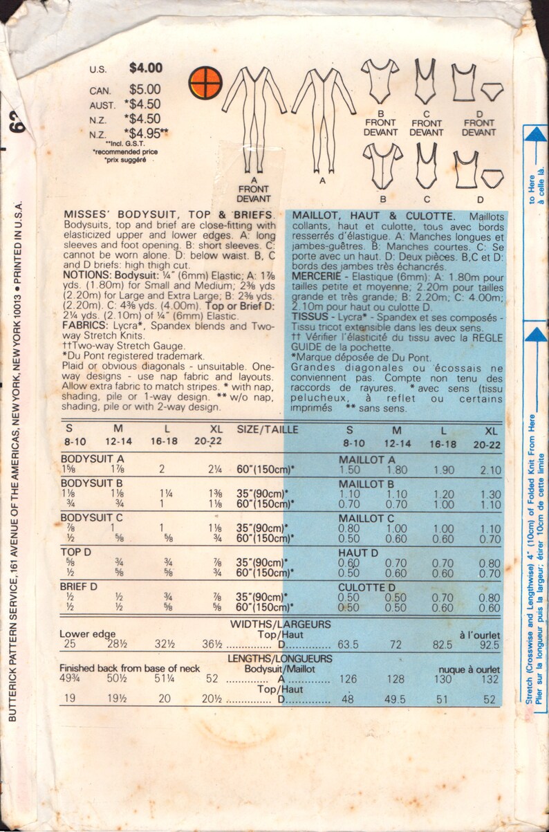 Butterick 6319 Jayne Kennedy Long Sleeve Bodysuit, Tops and Bottoms ...