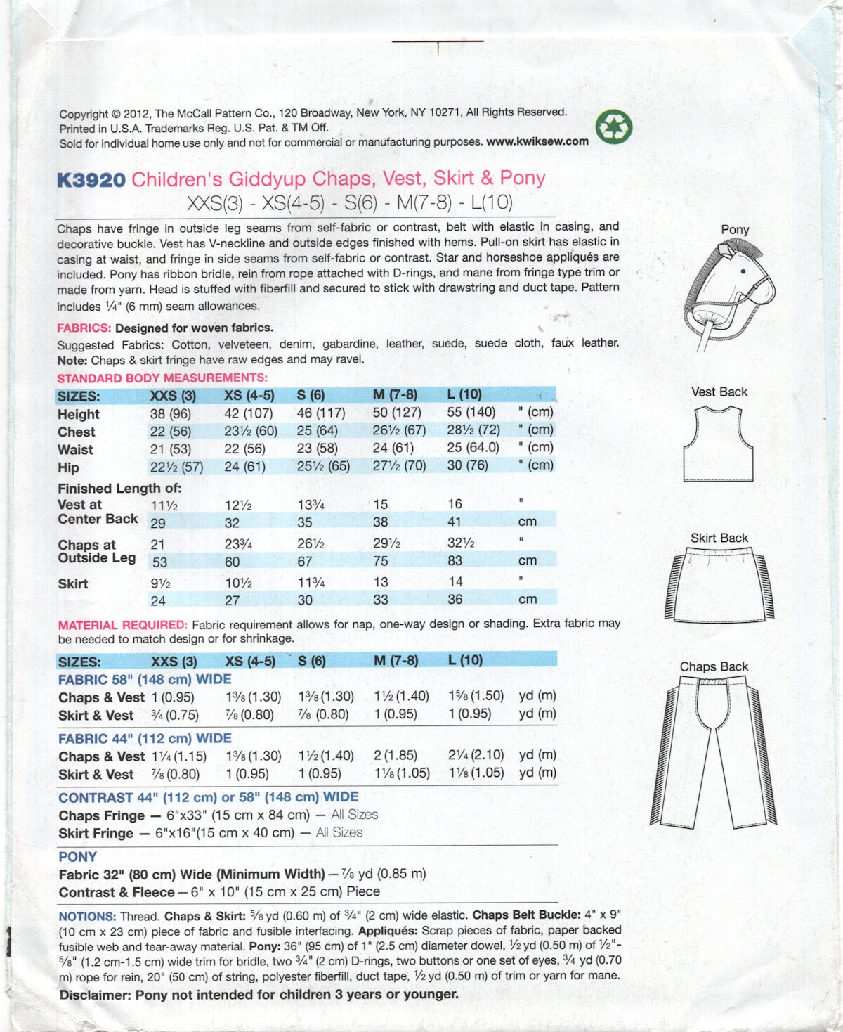 Kwik Sew 3920 Childs' Cowboy Chaps, Vest, Skirt and Pony, Uncut ...