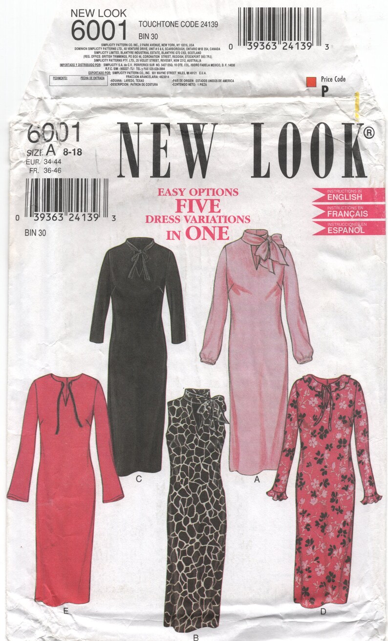 New Look 6001 Dress With Neckline and Sleeve Variations, Uncut, Factory ...
