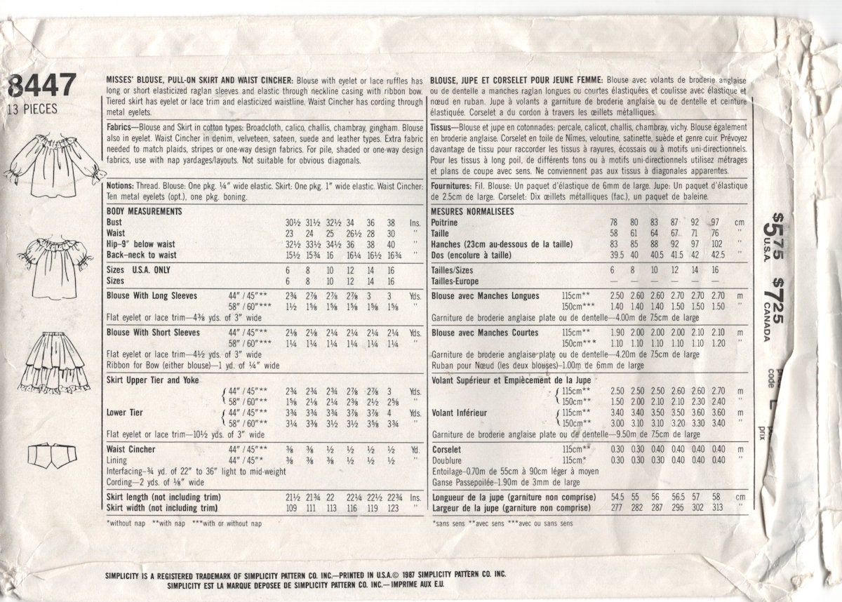 Simplicity 8447 Peasant Blouse, Pull On, Flared Ruffled Skirt and Waist ...