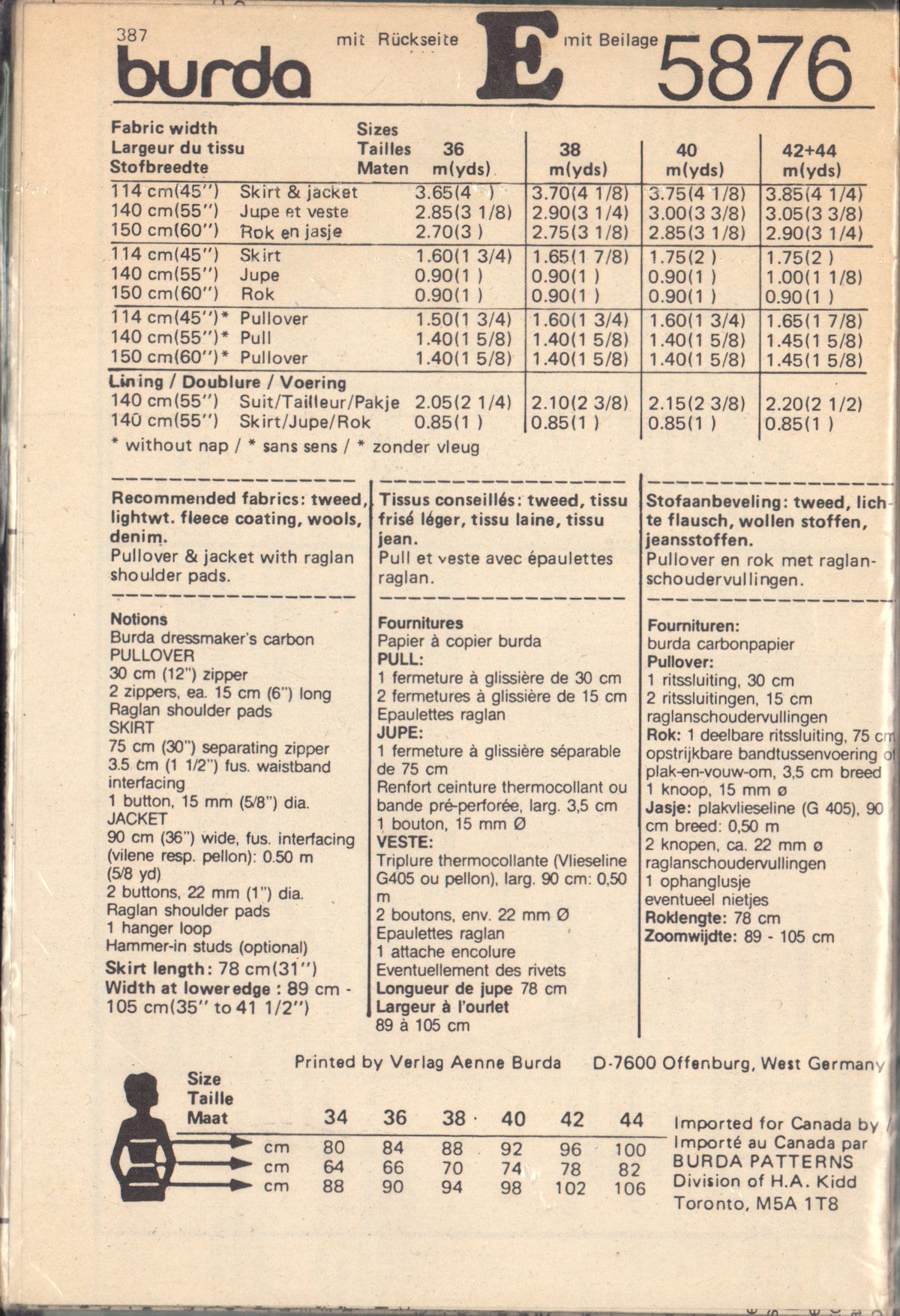 Burda 5876 Peplum Jacket, Turtle Neck Pullover and Pencil Skirt, Uncut ...