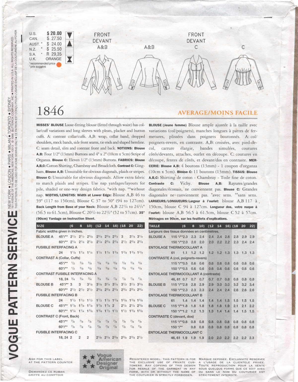 Vogue 1846 Byron Lars Blouse With Collar and Cuff Variations - Etsy