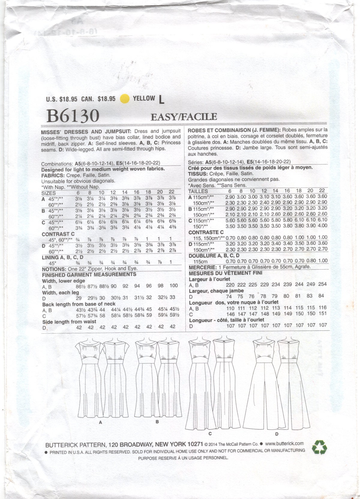 Butterick 6130 Evening Dress in Two Lengths or Jumpsuit, Uncut, Factory ...