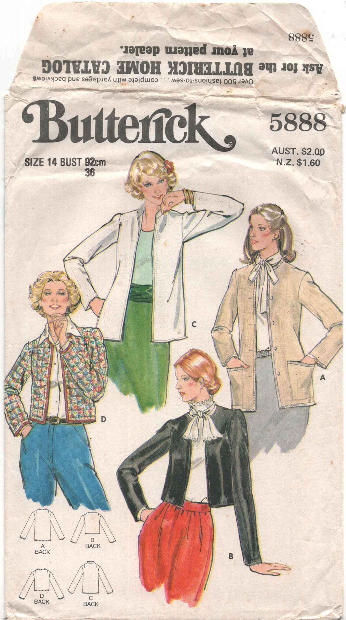 Butterick 5888 Lined, Round Neckline Jacket in Two Lengths, Uncut ...