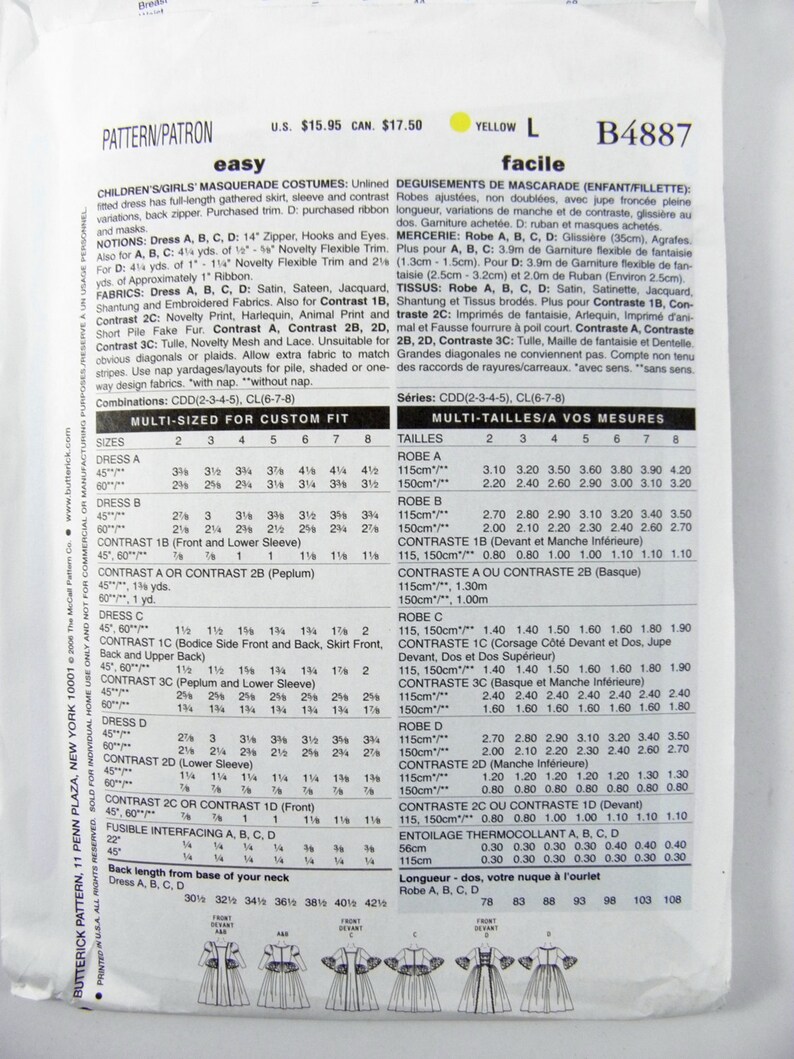 Butterick 4887 Girls' Masquerade Dress With Full Length Gathered Skirt ...