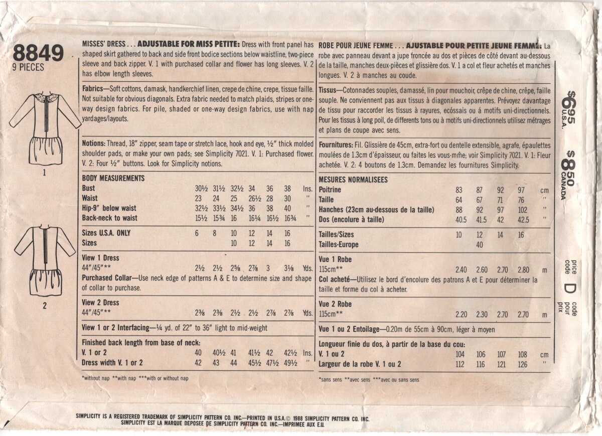 Simplicity 8849 Belle France Front Panel Dress With Shaped - Etsy