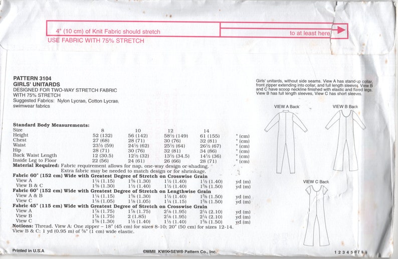 Kwik Sew 3104 Child's Unitard With Neckline and Sleeve Variations ...