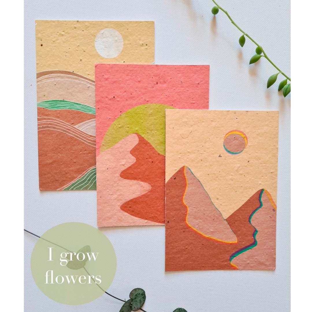 3 Plantable Postcard Pack, Mid Century Art Style Illustrated Postcards ...
