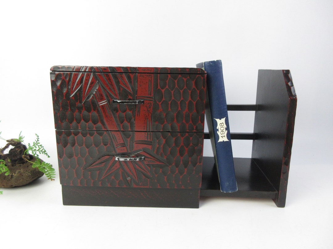 Japanese Vintage Drawers With Book Stand, Kamakura Bori wood Carving ...