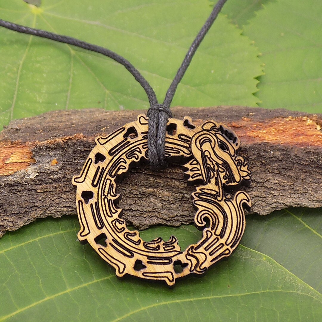Wooden Dragon Warrior Pendant & Black Cord Necklace Aztec Mayan ...