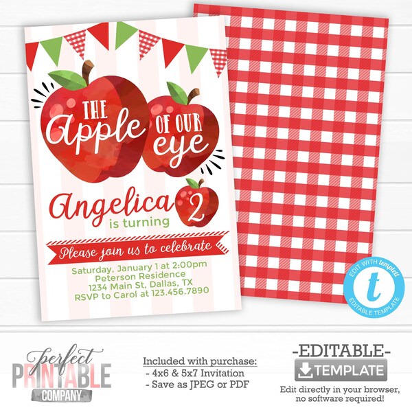 Apple Birthday Invitations - Etsy