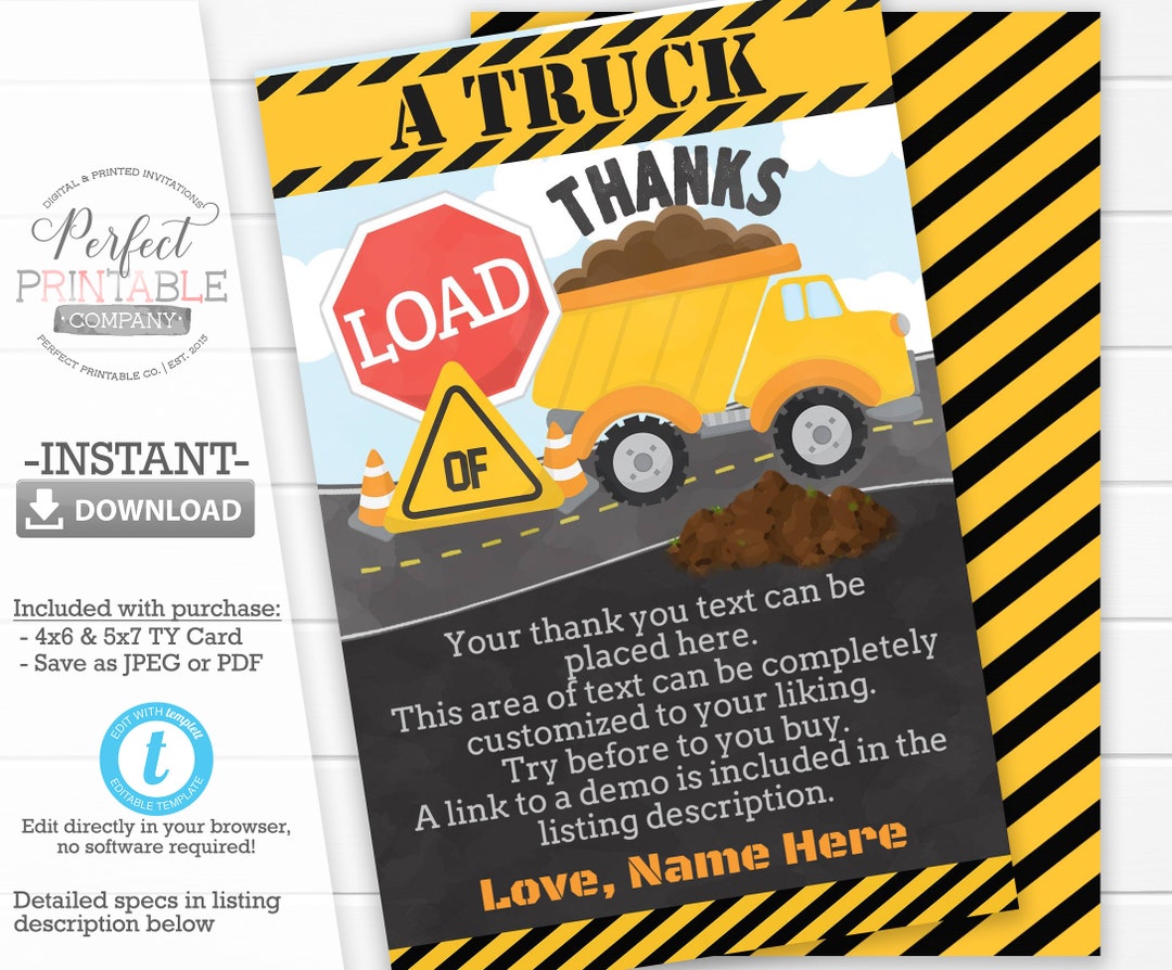 Construction Thank You Card, Construction Birthday Thank You Card ...