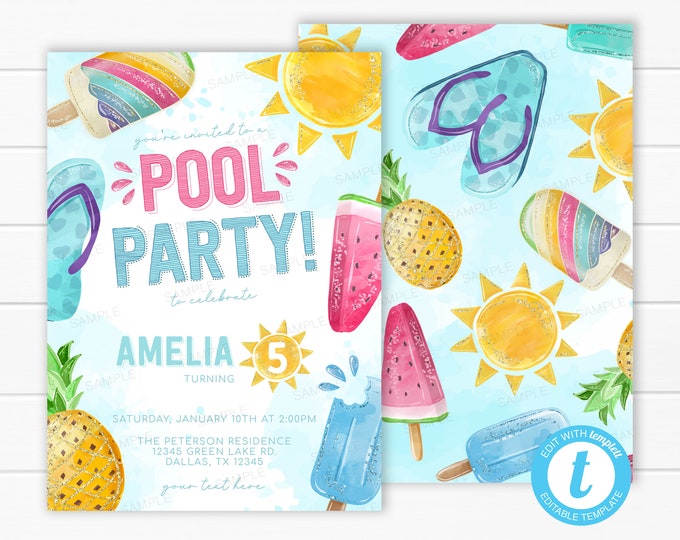 Editable Pool Party Invitation Girl Ice Cream Pool Party Invite Pool ...