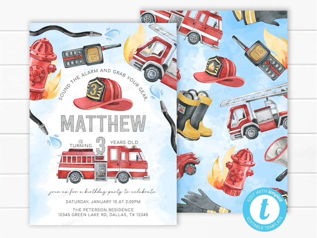 Firetruck Birthday Party Invitation, Fire Engine Invite, Fireman Party ...
