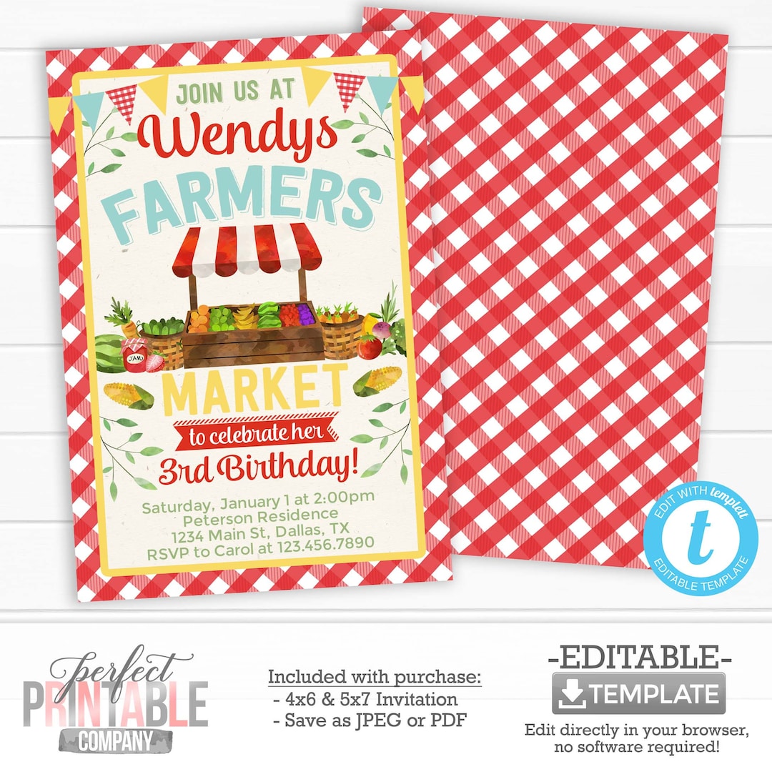 Farmers Market Birthday Invitation, Editable Party Invite (4x6 & 5x7 ...