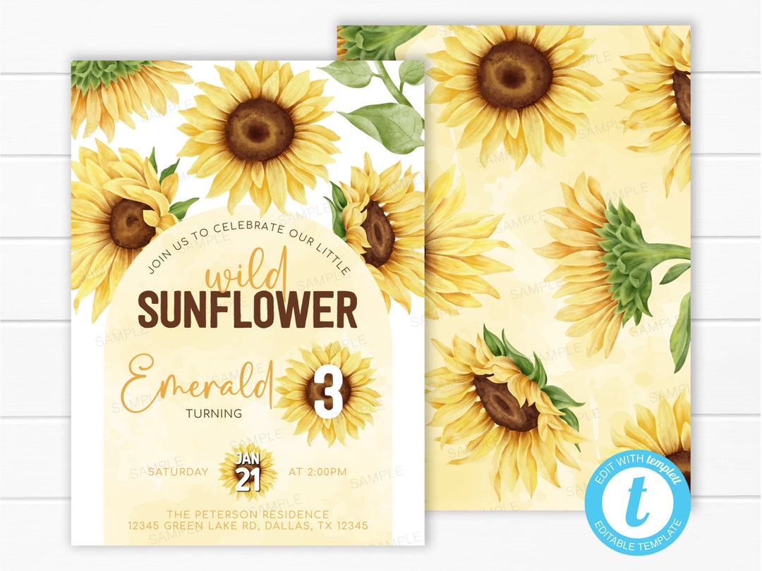 Cute Sunflower Birthday Party Invitation, Watercolor Sunflower Birthday ...