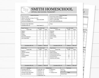 High School Transcript - Homeschool Transcript - Report Card - Fillable School Record ...