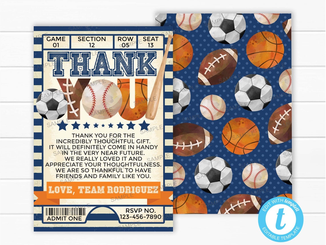 Sports Thank You Card Sports Thank You Note Birthday Party - Etsy