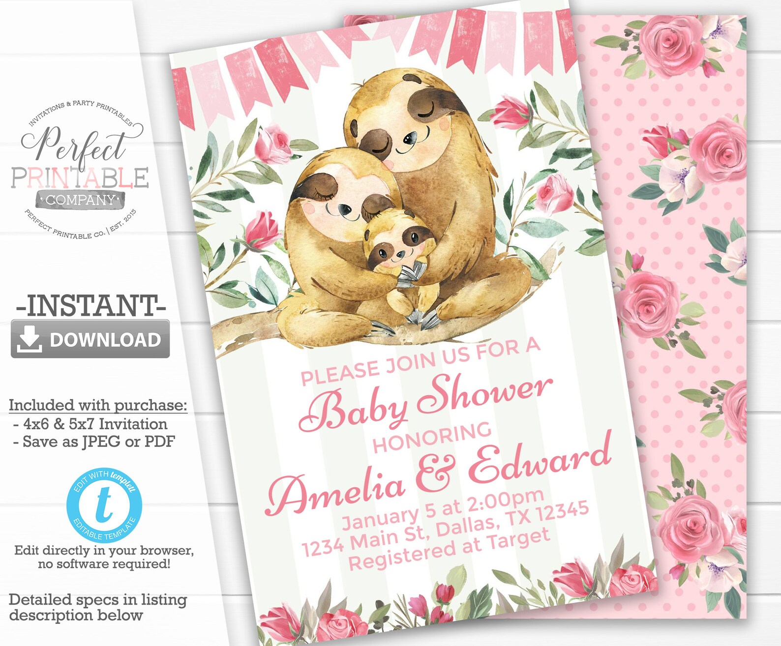 Sloth Baby Shower Invitation, Sloth Invitation, Sloth Baby Sprinkle ...