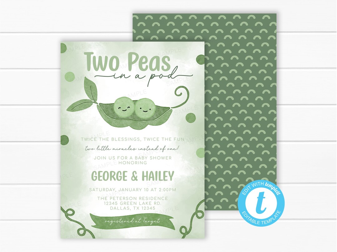 Two Peas in a Pod Baby Shower Invitation - Sweet Pea Invite - Twin Boy ...