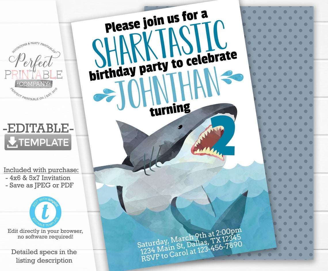 Shark Birthday Invitation Shark Invite Shark Birthday Party - Etsy
