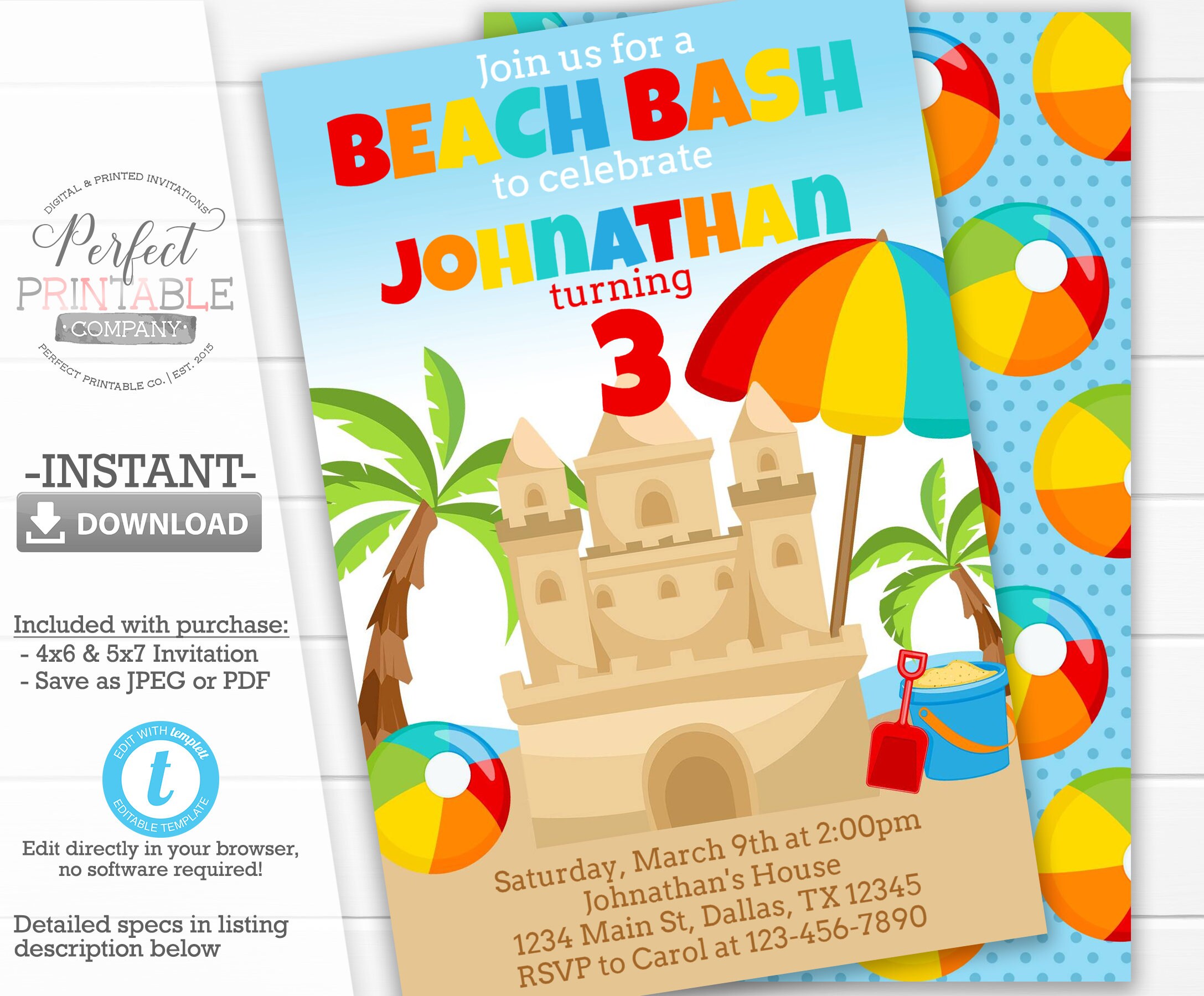 Sandcastle Birthday Invitation Sandcastle Invite Beach Bash | Etsy