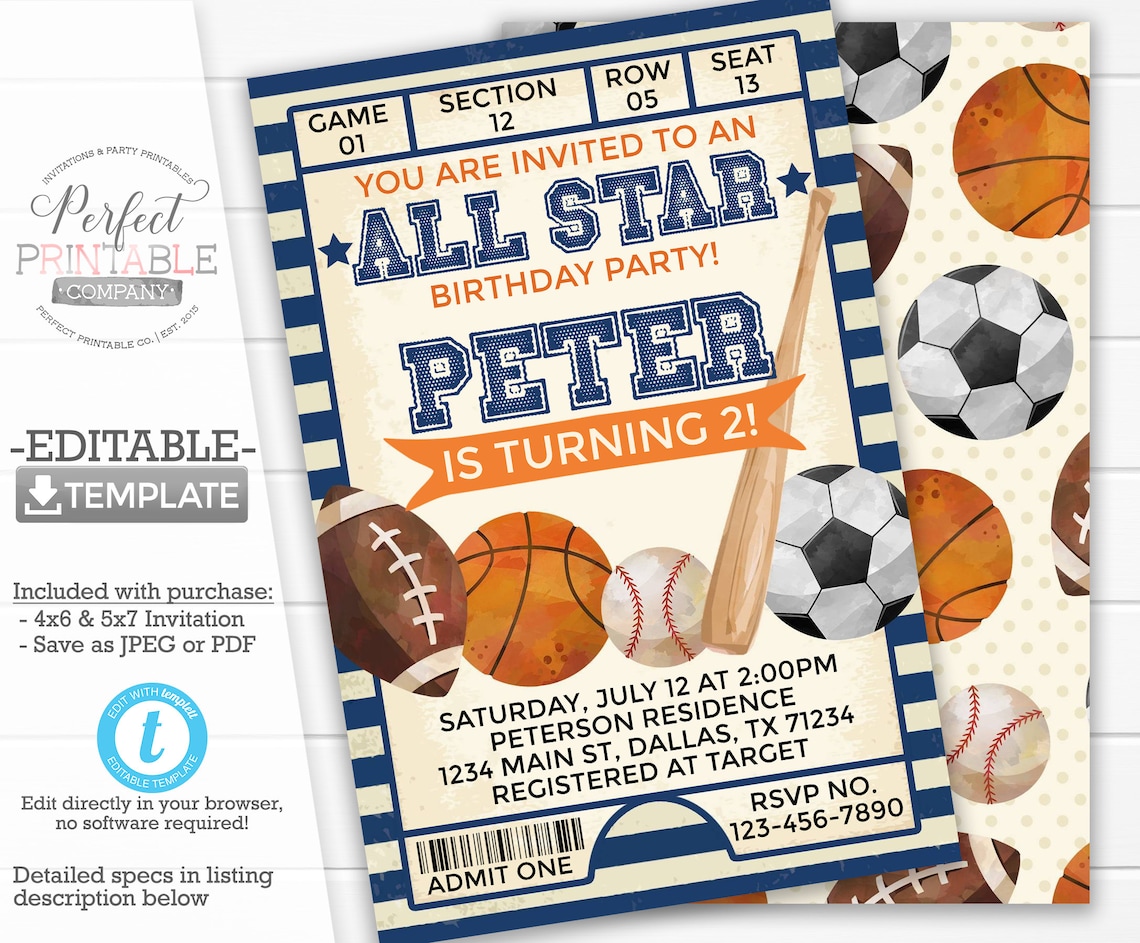 Sports Birthday Invitation All Star Birthday Invitation | Etsy