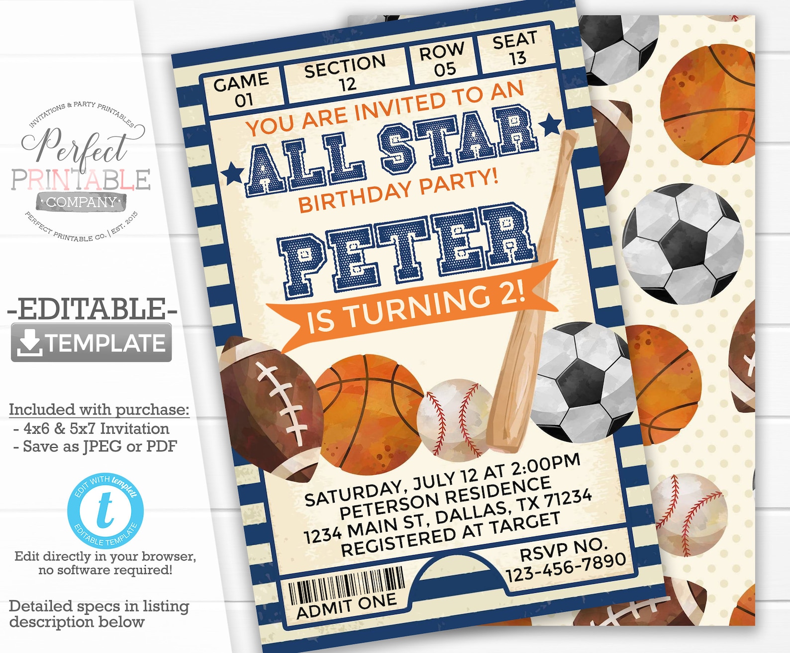 All Star Sports Birthday Ticket Invitation (editable Template) - Etsy