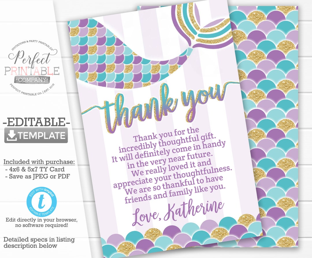 Mermaid Thank You Card, Mermaid Thank You Note, Birthday Party, Baby ...
