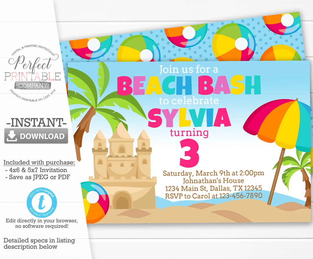 Beach Bash Birthday Invitation, Beach Invite, Pool Party Invitation ...