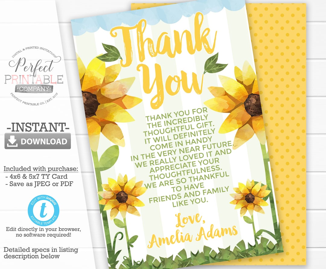 Sunflower Thank You Card, Sunflower Thank You Note, Sunflower Decorations, Sunflower Baby Shower ...