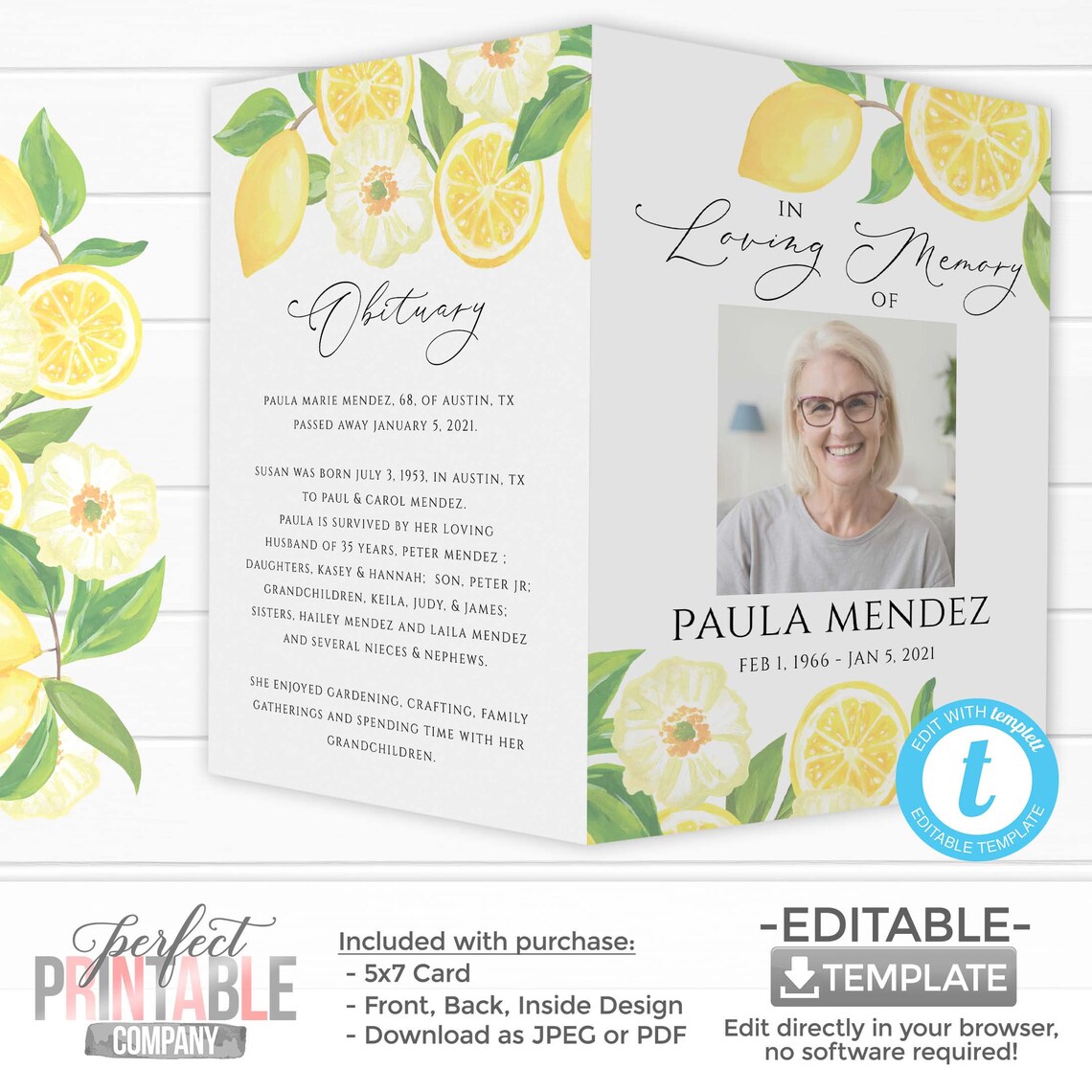 Floral Lemon Funeral Program Floral Memorial Program - Etsy