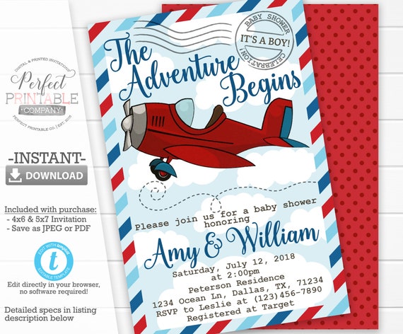 Airplane Baby Shower Invitation Airplane Invitation Airplane | Etsy