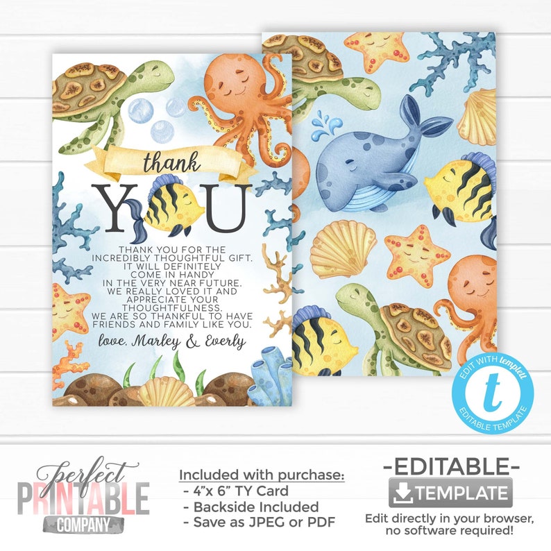 Ocean Animals Thank You Card Under the Sea Thank You Note | Etsy