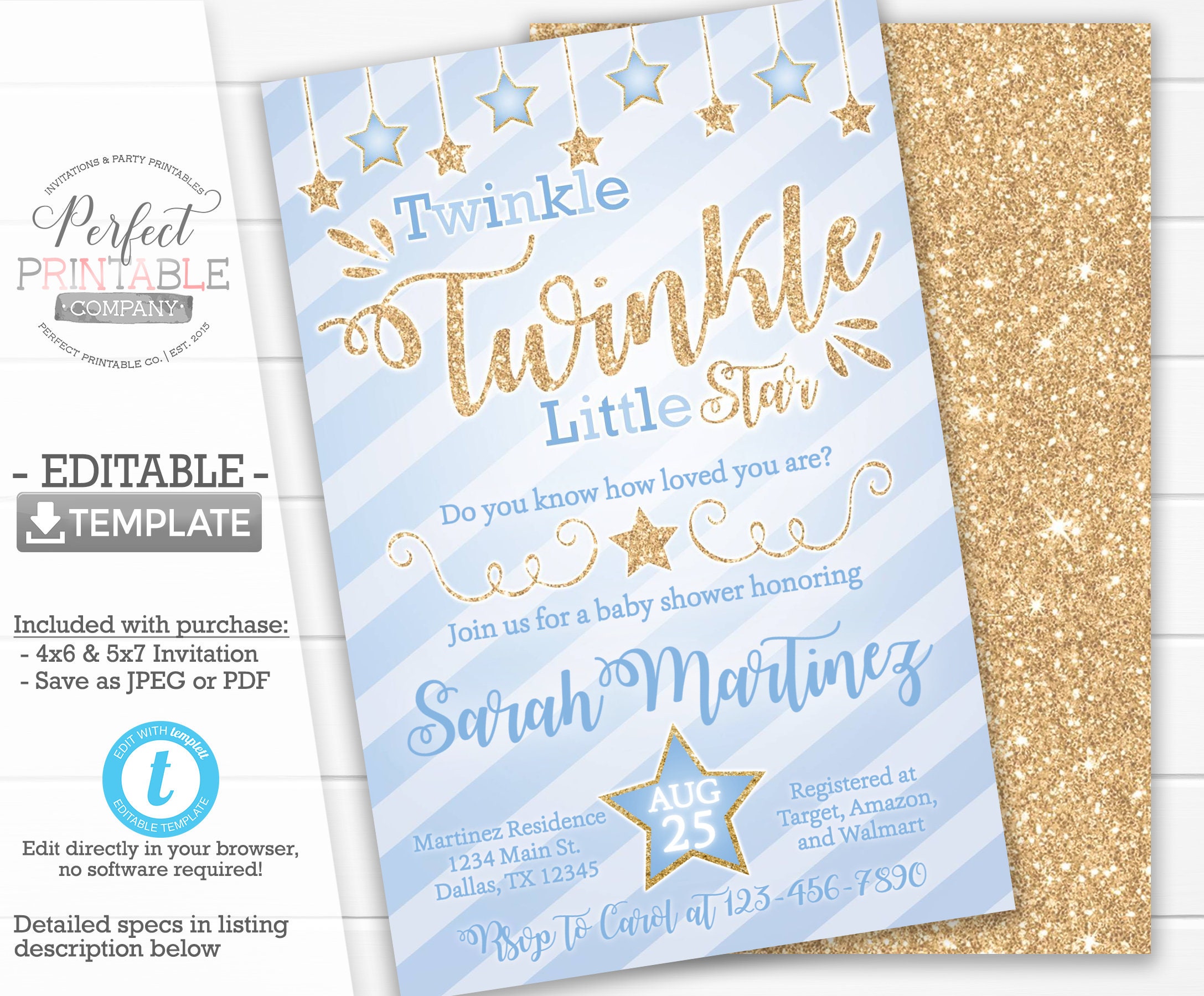 Editable Baby Boy Shower Party Invite Printable Twinkle Twinkle Little ...