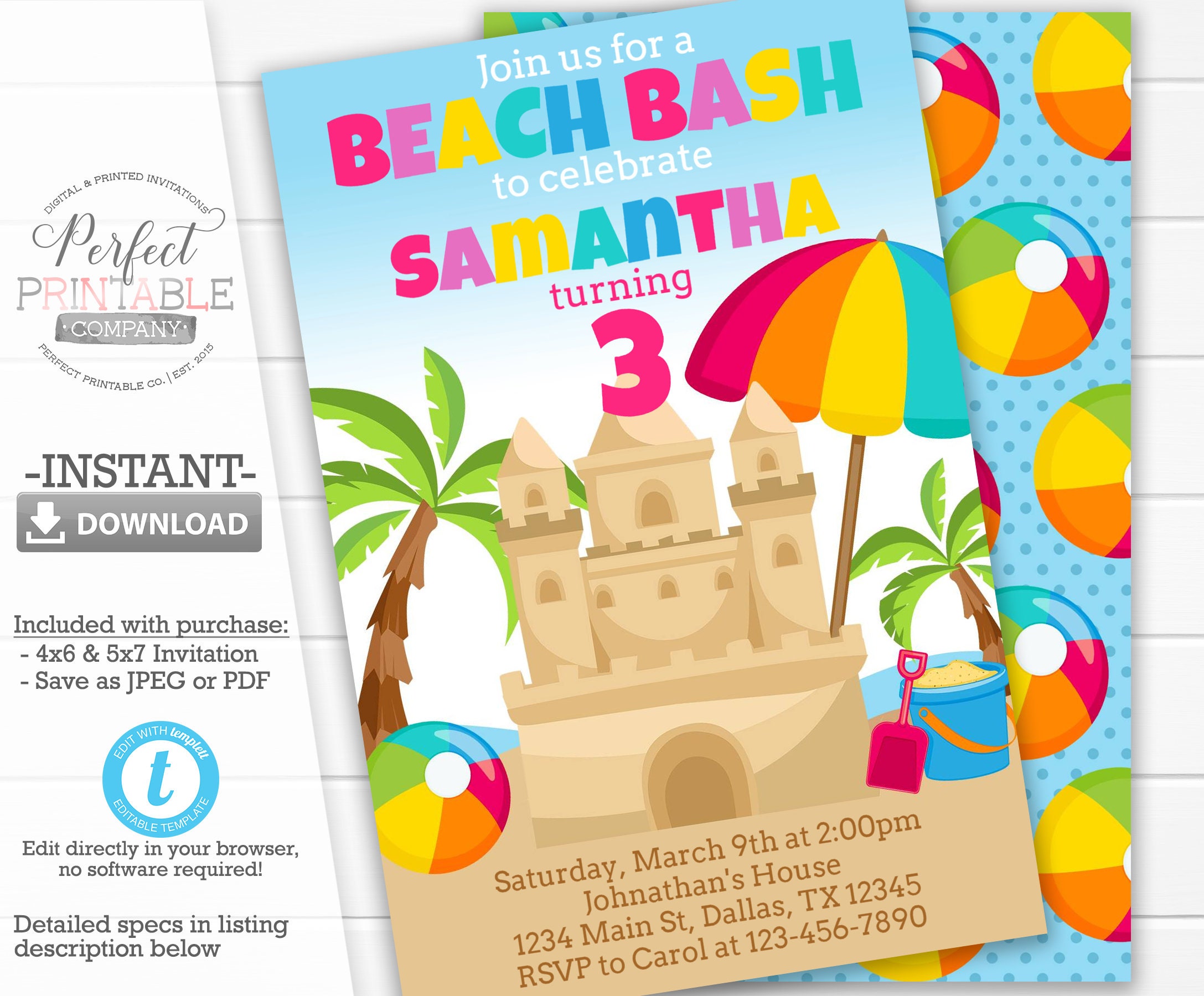 Sandcastle Birthday Invitation, Sandcastle Invite, Beach Bash ...