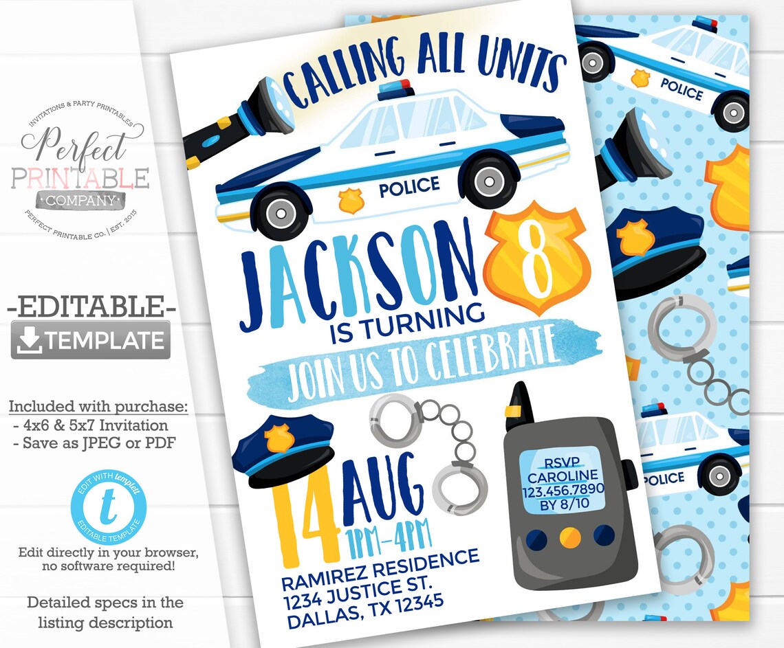 Police Birthday Party Invitation Police Invite Cop Birthday | Etsy