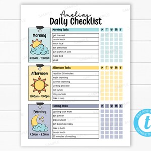 Printable Daily Checklist for Kids, Editable Daily Responsibility Chart ...