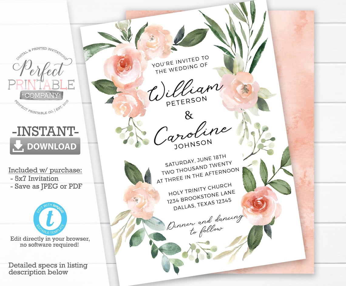Peach Wedding Invitation Template Peach Floral Wedding - Etsy