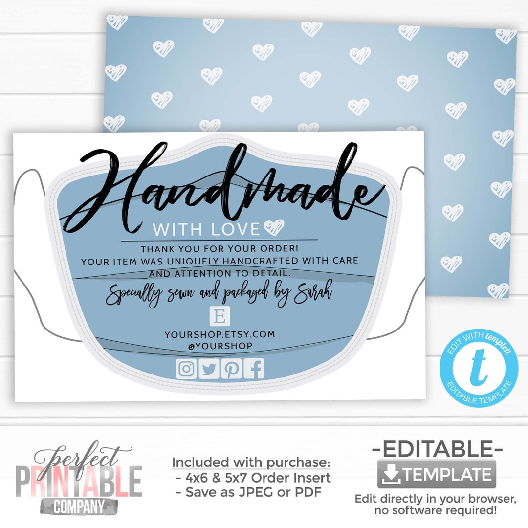 Face Mask Thank You Business Card, Handmade With Love Card, Thank You ...