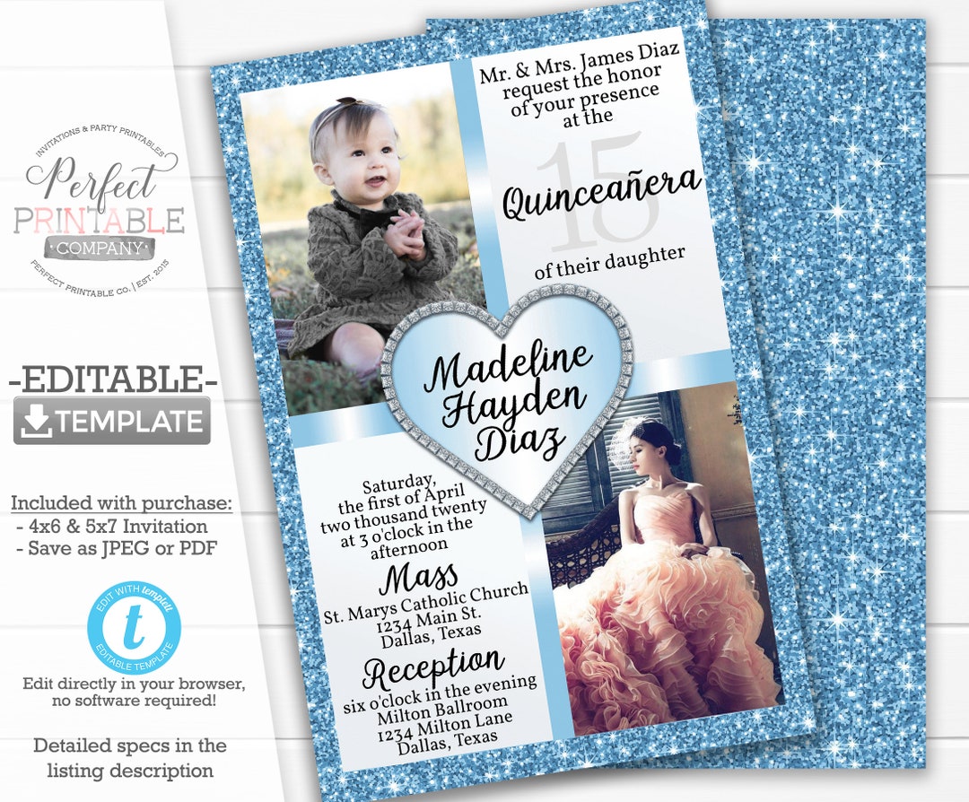 Light Blue Quinceañera Invitation, Quinceañera Invite, Mis Quince Anos ...