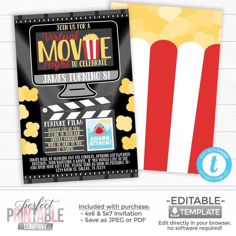 Virtual Movie Night Birthday Invitation Social Distancing | Etsy