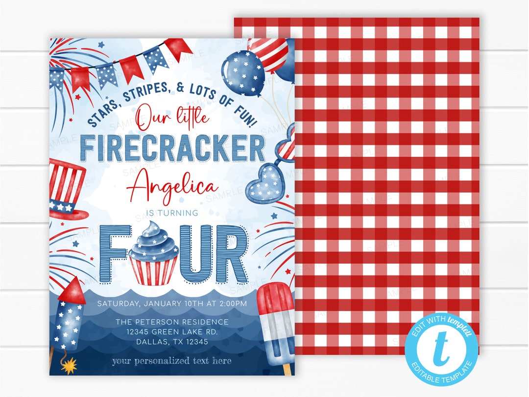 4th of July Birthday Party Invitation, Our Little Firecracker is ...