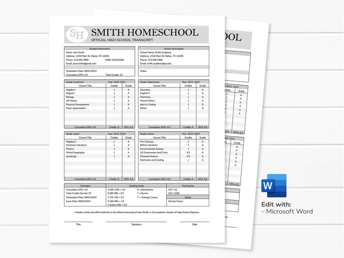 Homeschool Transcript - High School Transcript - Report Card - Fillable ...
