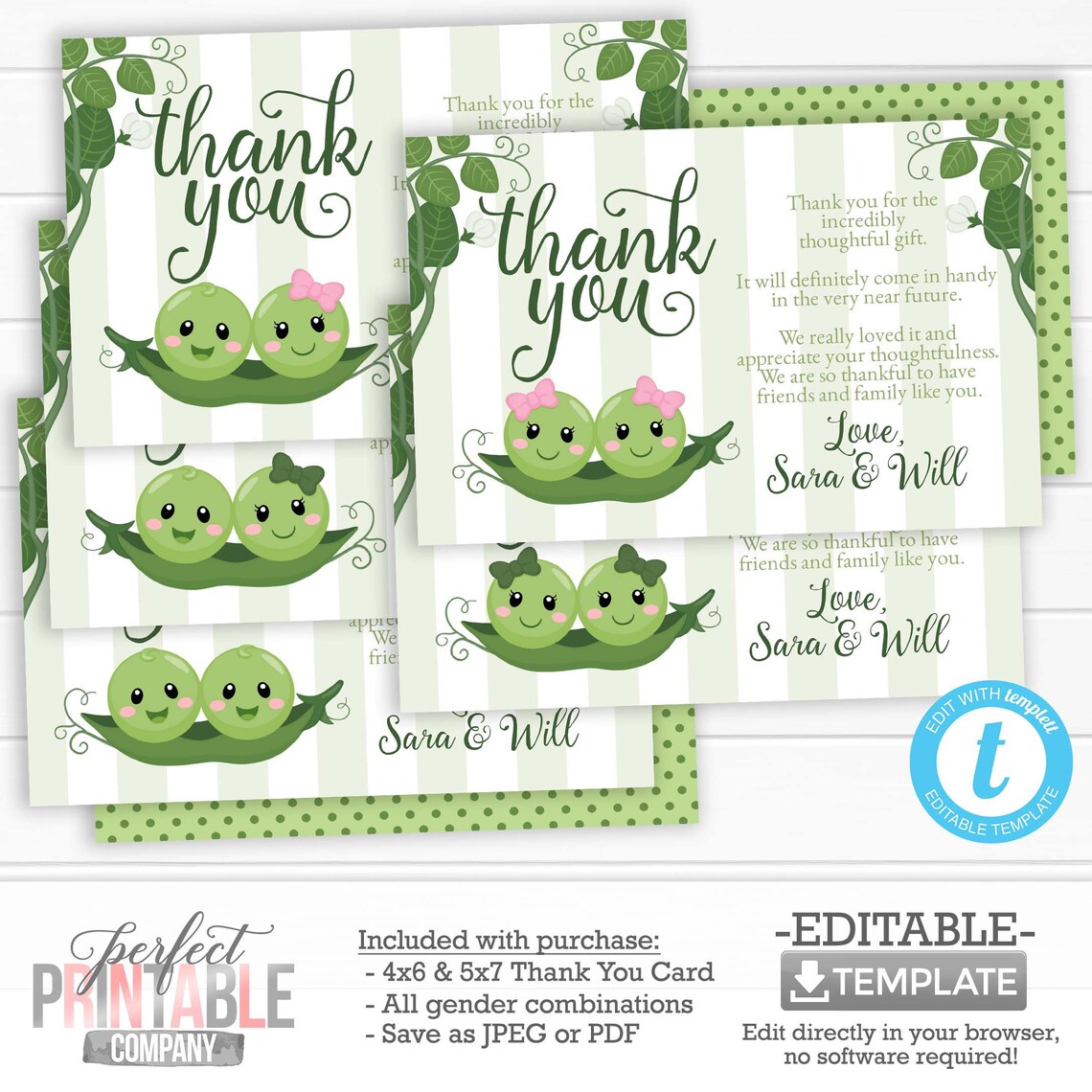 Two Peas in a Pod Thank You Card Pea Pod Thank You Note Two - Etsy